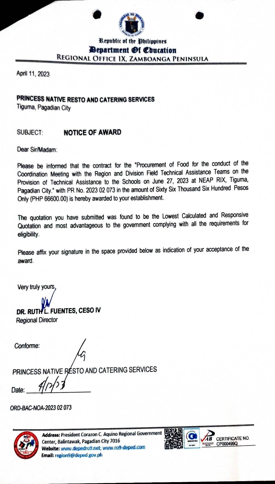Notice of Award